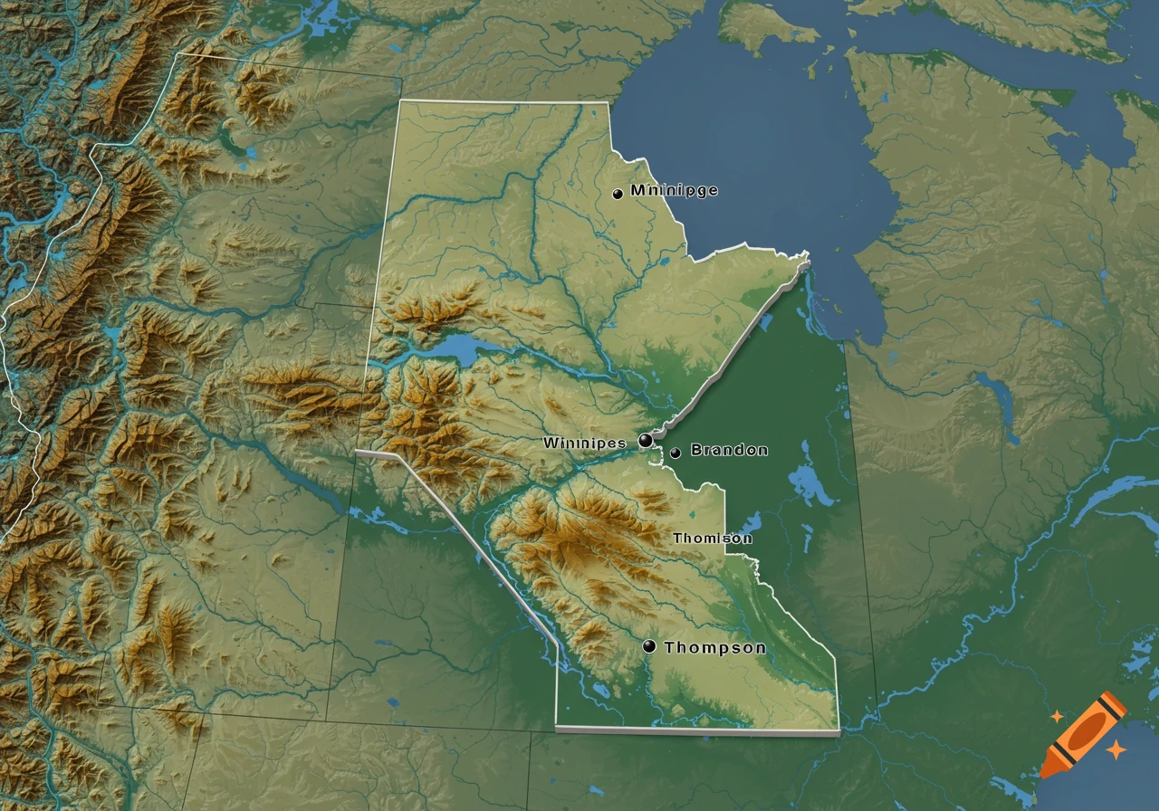 Topographic map of Manitoba showing elevation, rivers, lakes, and cities. on Craiyon