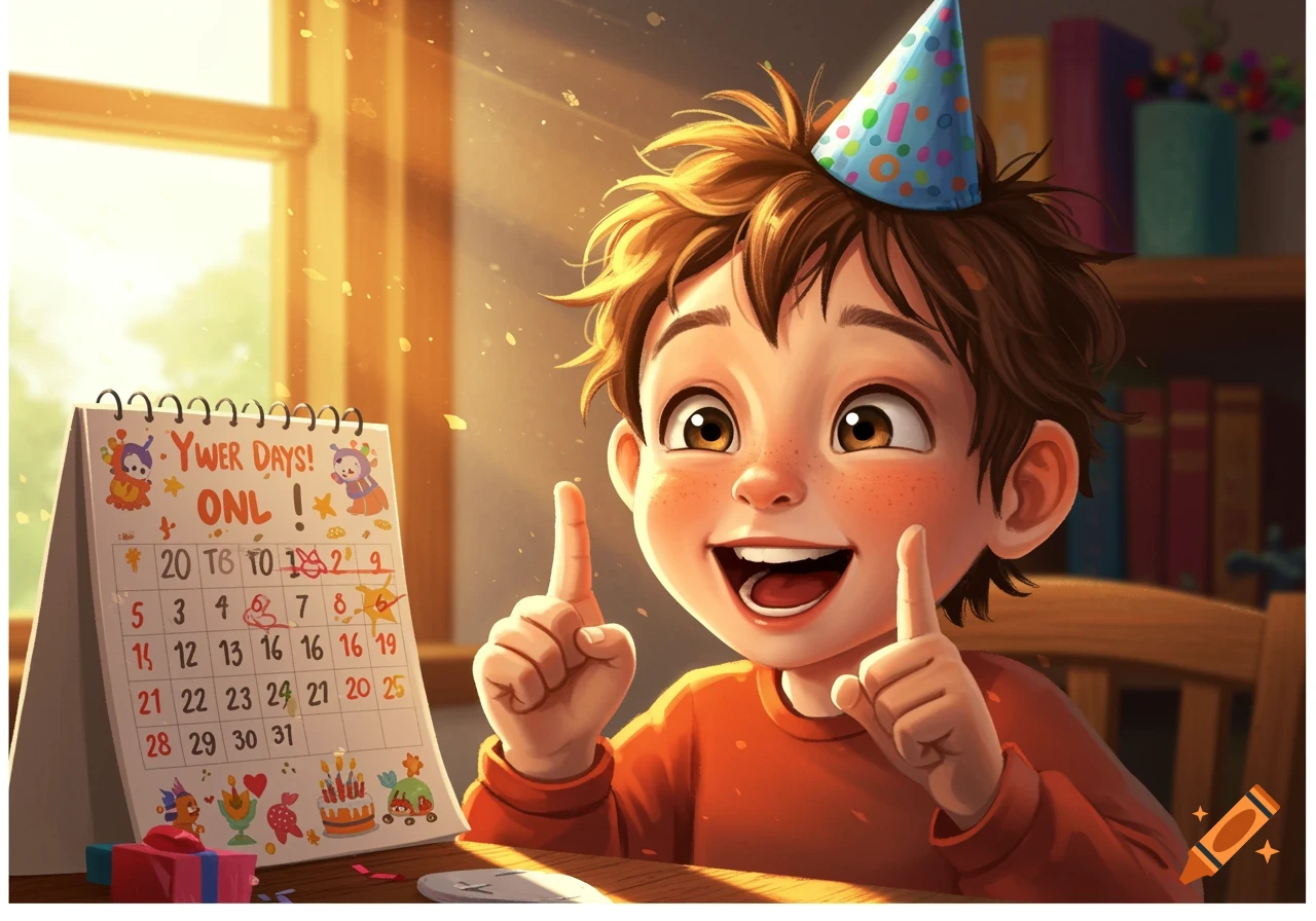 A happy boy in a party hat points at a calendar counting down to his ...