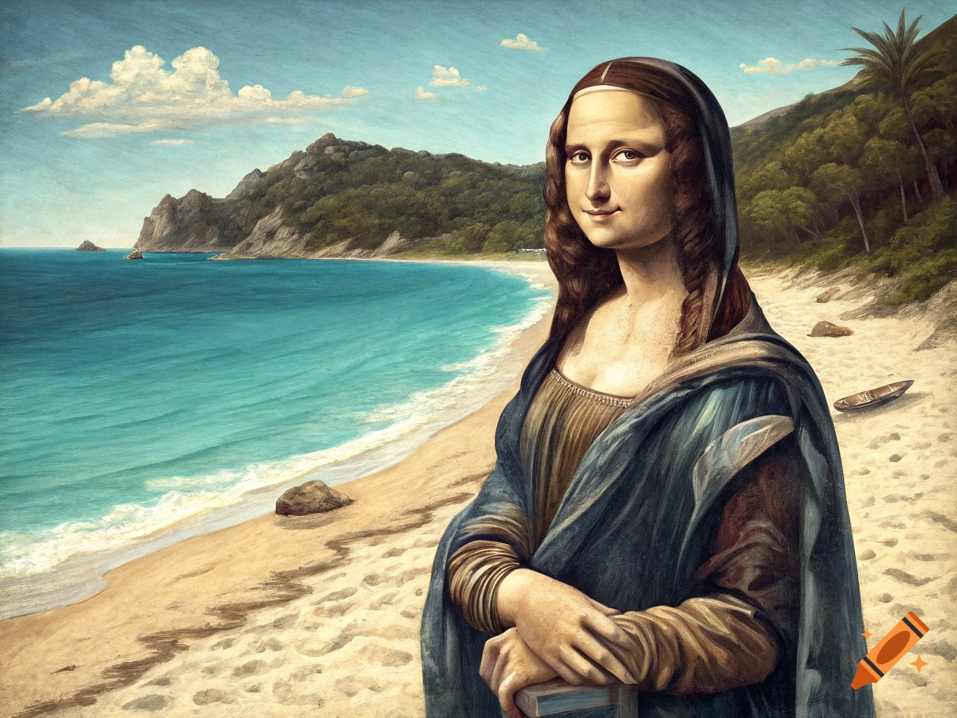 Painting of the Mona Lisa standing on a beach by the ocean. on Craiyon