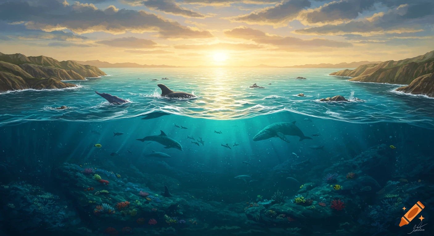 Ocean landscape split view with marine life above and below the water ...