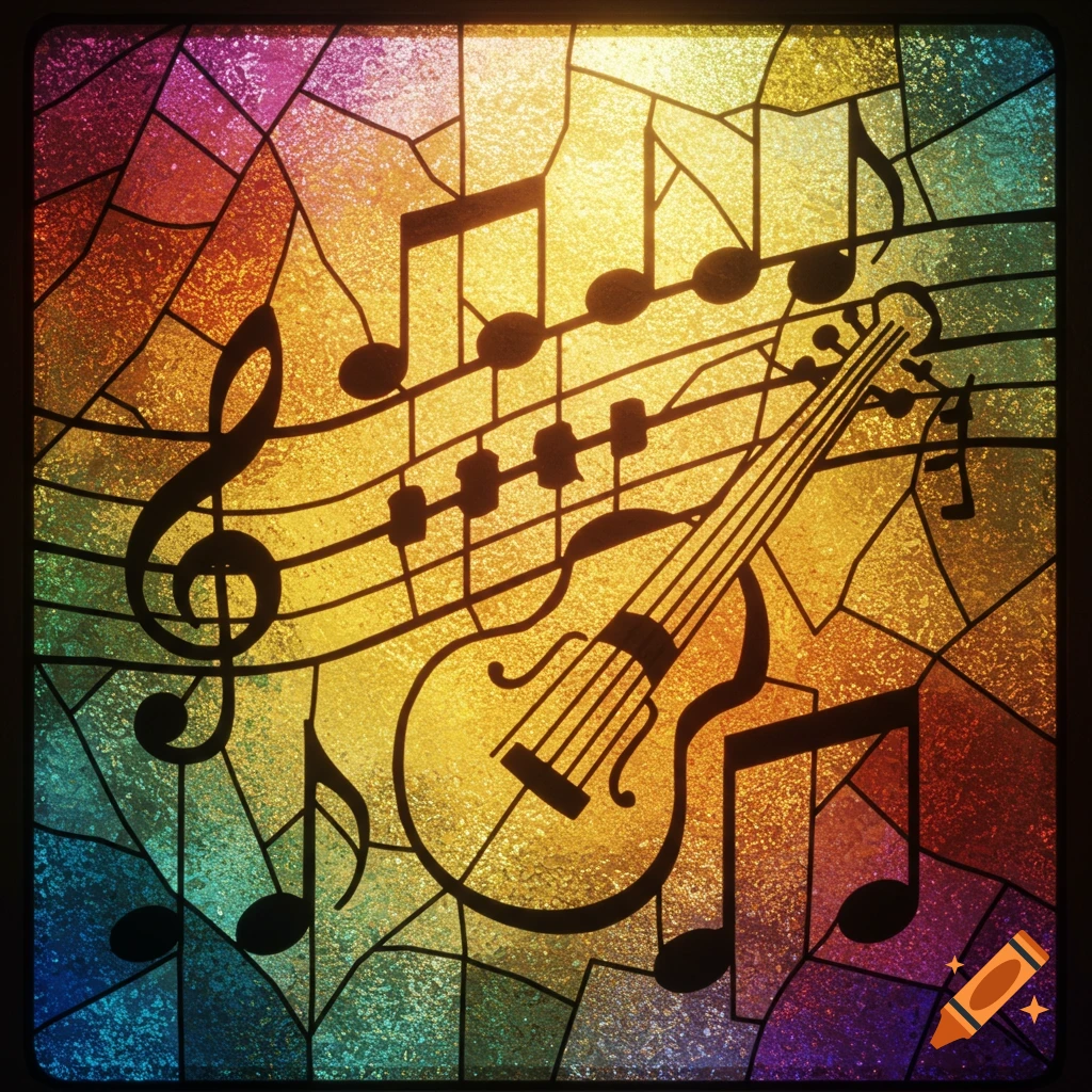 A stained glass window with musical notes, a treble clef, and a string ...