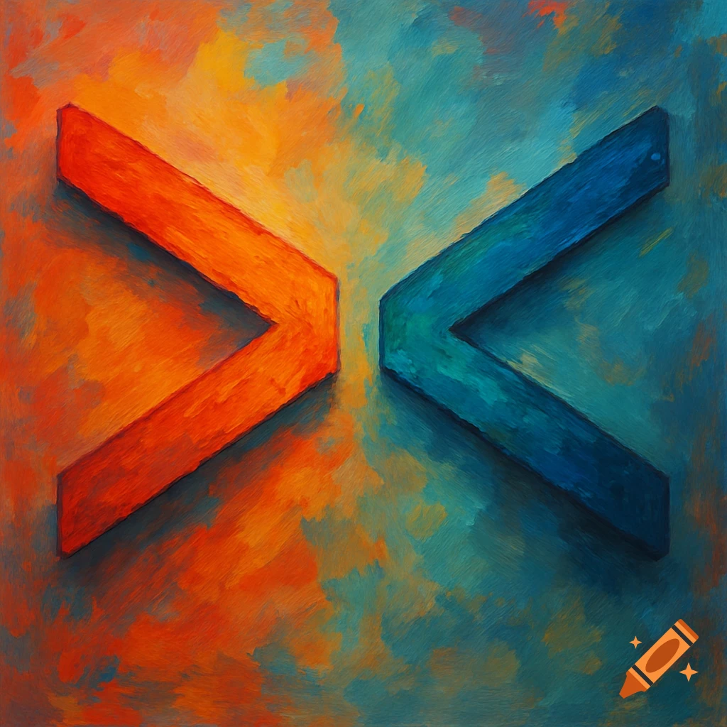 Abstract painting of orange and blue greater than and less than symbols ...