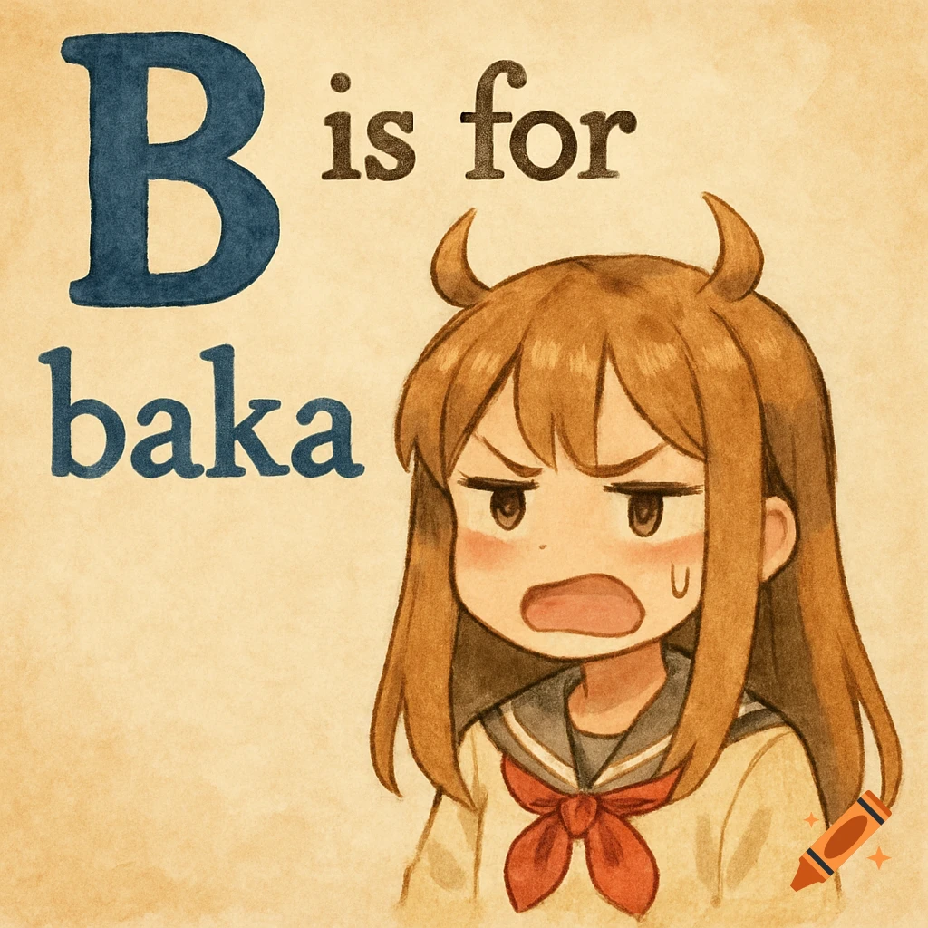 Anime illustration with 'B is for baka' text and an angry girl. on Craiyon
