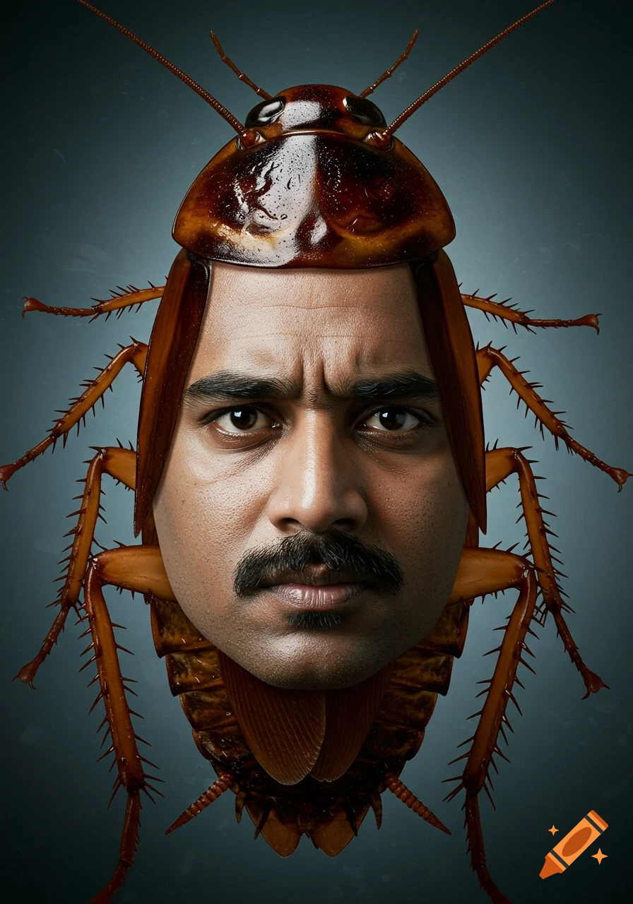 Surreal portrait of an Indian man's face on a detailed cockroach body ...