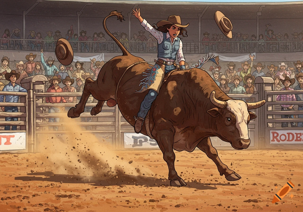 Illustrated cowgirl rides a bucking bull in a rodeo arena with a crowd ...