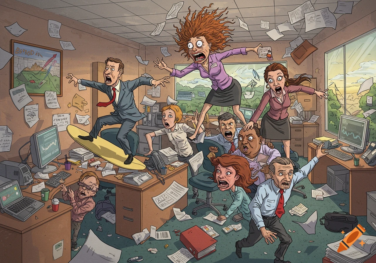 Chaotic cartoon office scene with panicking workers, one surfing on a ...