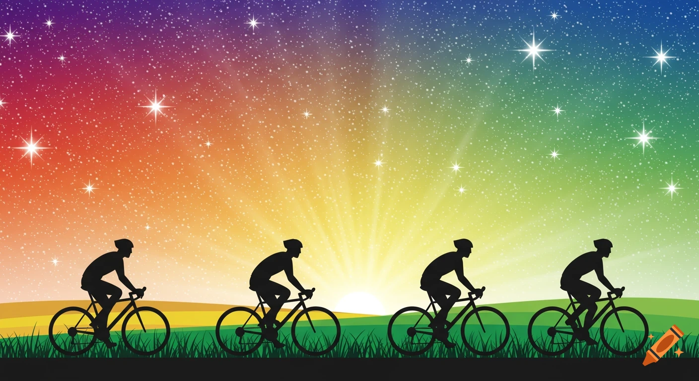 Silhouettes of four cyclists ride against a rainbow-colored sky filled ...