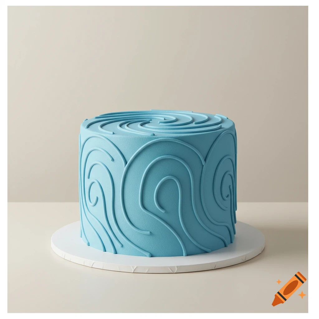 A light blue cake with a swirl pattern on a white cake board. on Craiyon