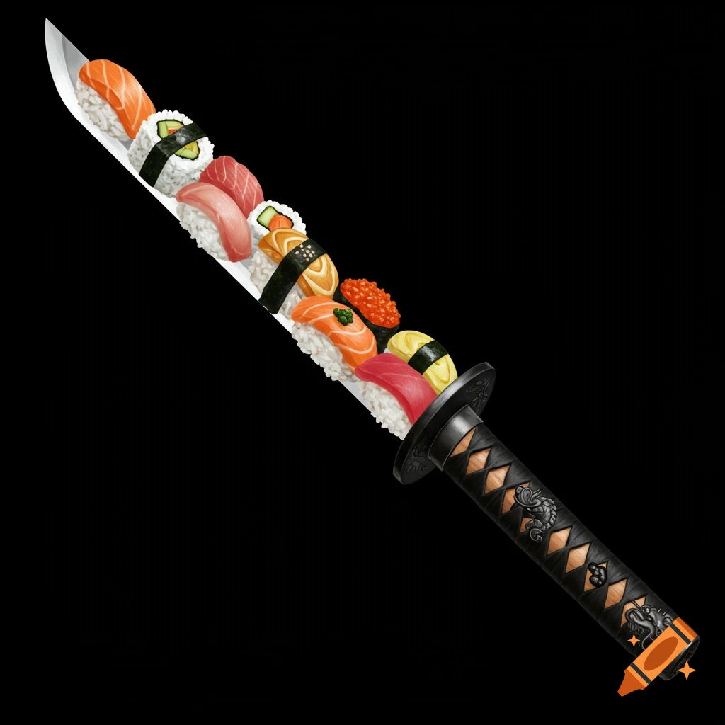 A katana sword with its blade replaced by various pieces of sushi. on ...