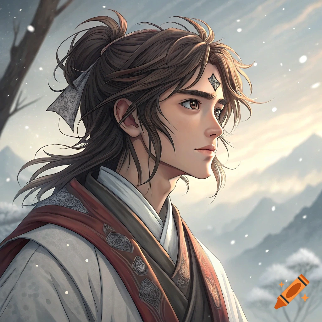 Anime portrait of a character with hair tied up, wearing robes in a ...