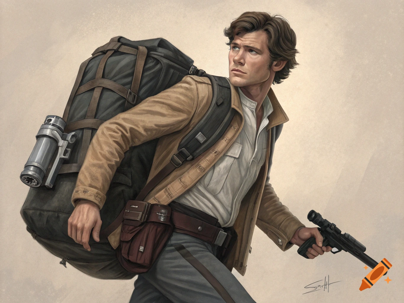 Illustration of Han Solo from Star Wars with a large backpack and ...