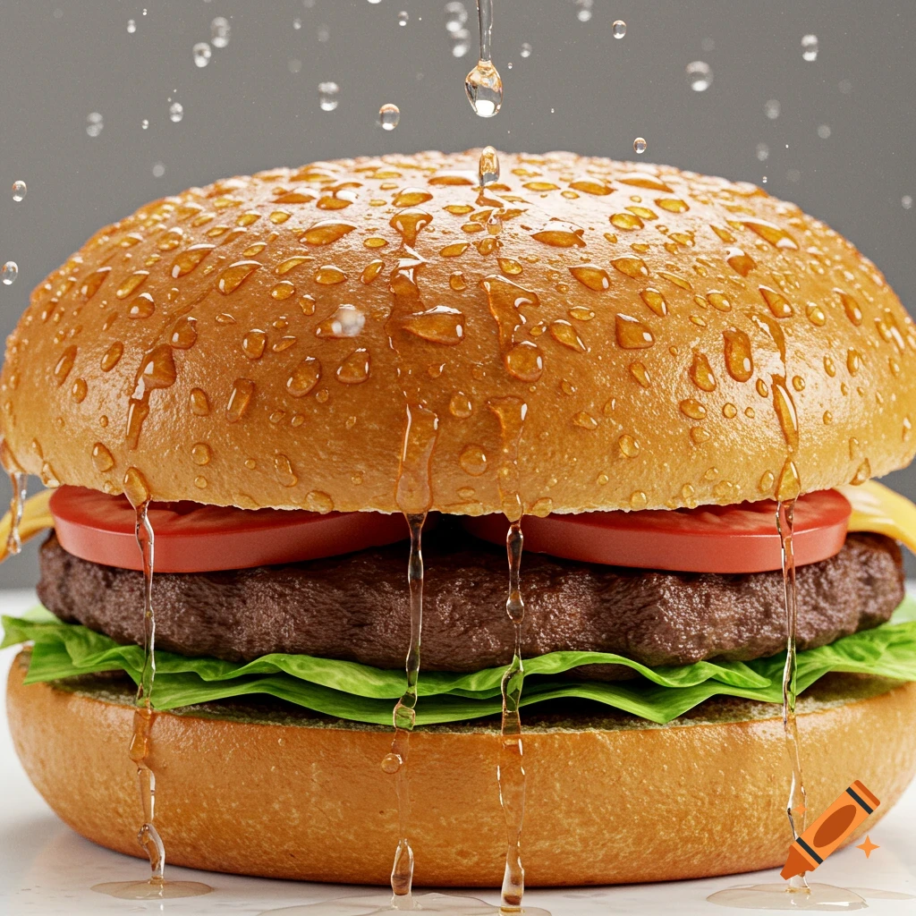 Close-up of a hamburger with water dripping onto the bun. on Craiyon