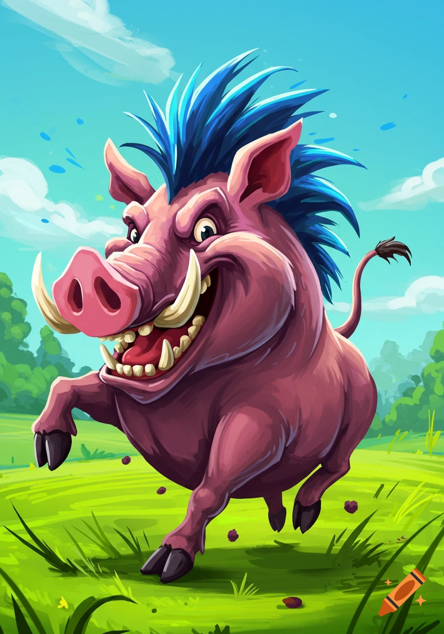 Cartoon illustration of a grinning wild boar with blue hair running in ...