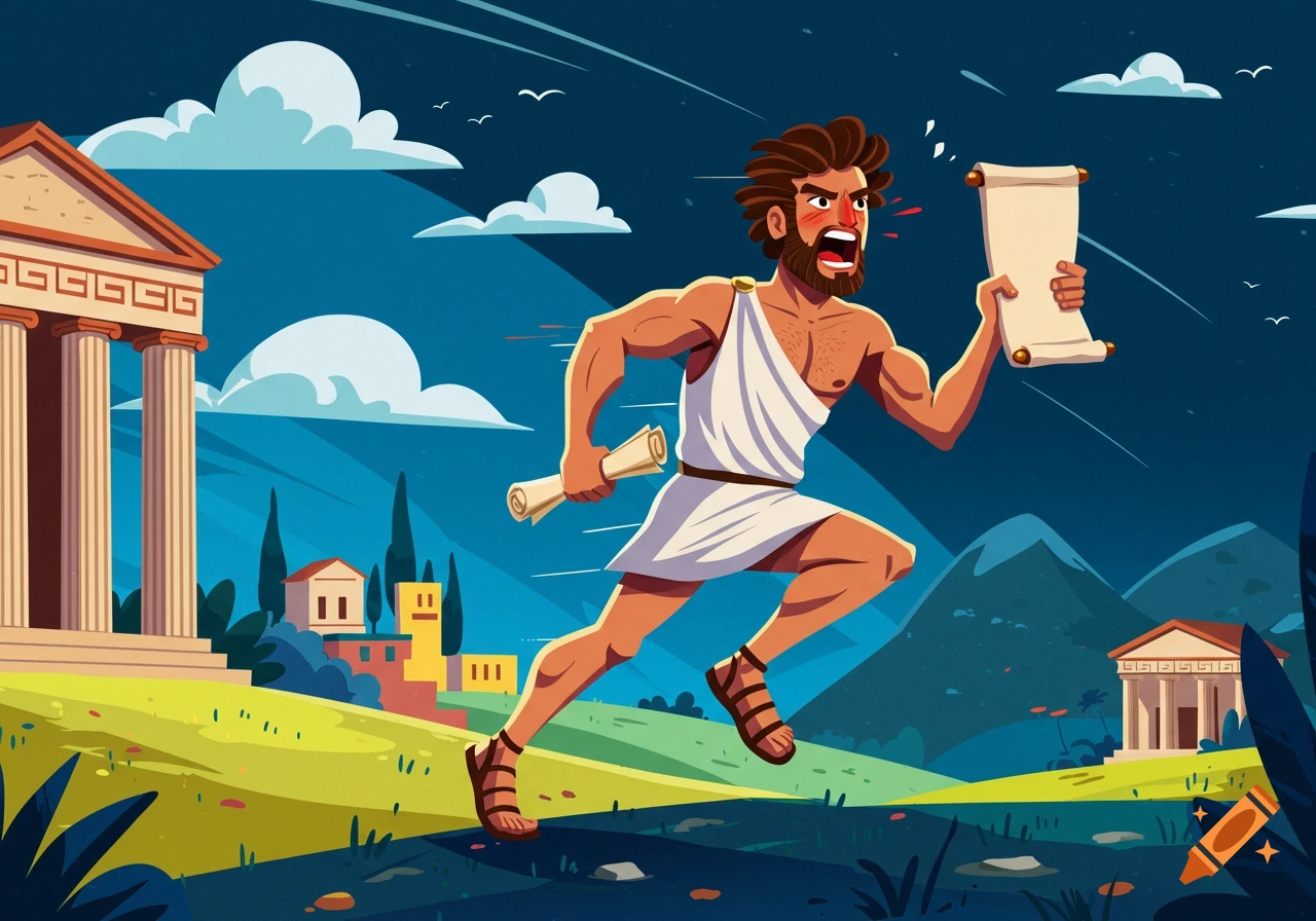 Cartoon of a man in ancient Greek attire running and holding scrolls on ...