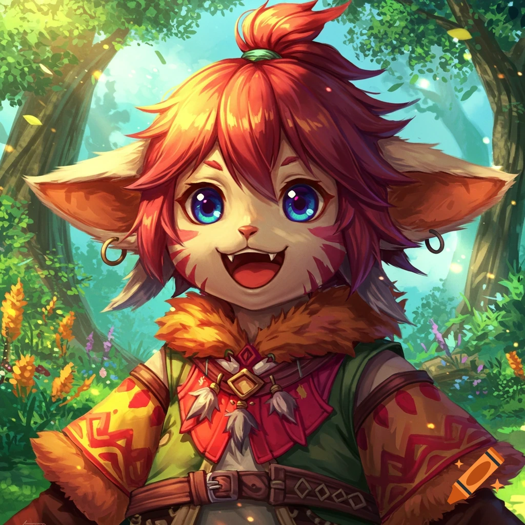 A cute fantasy creature with large ears and bright blue eyes smiles in ...