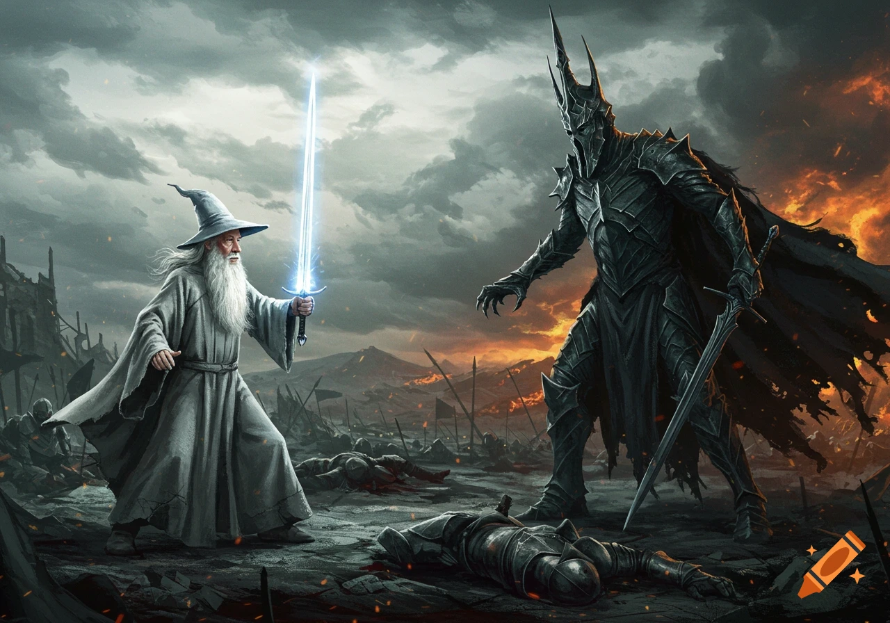 Gandalf the White with glowing sword fights the Witch-king on a ...