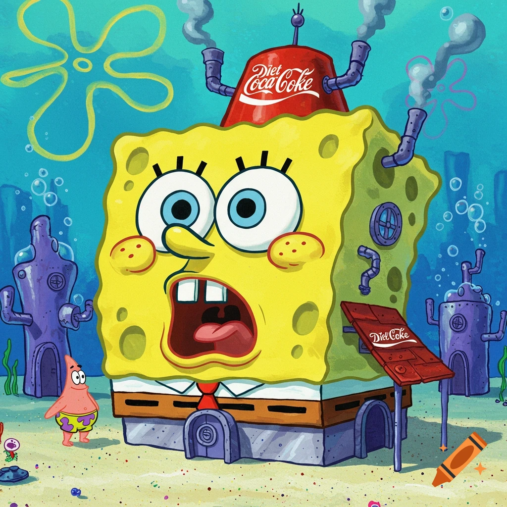 Cartoon image of a large Spongebob house with a surprised face, topped by a Diet Coke can, next ...
