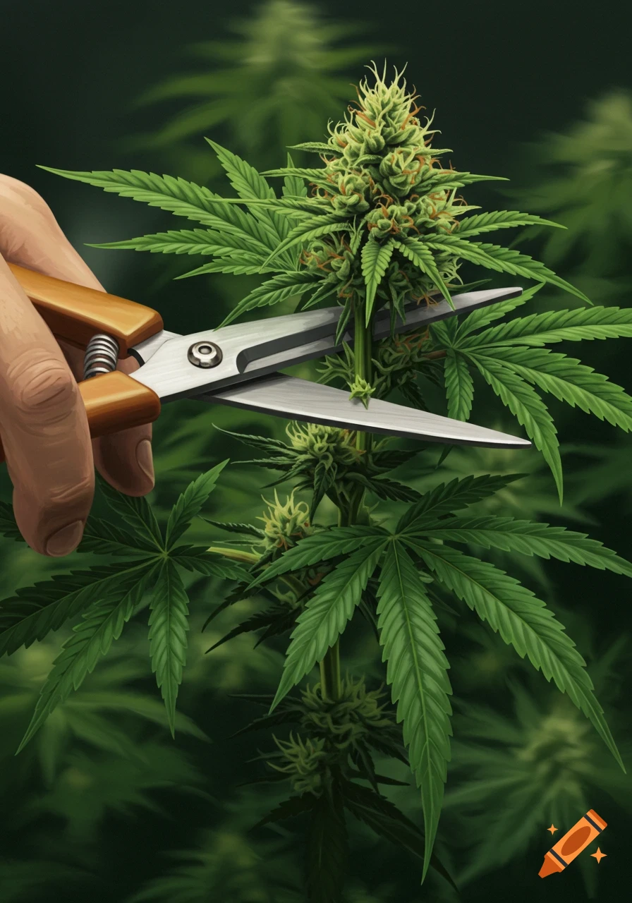 Hand trimming marijuana plant bud with scissors on Craiyon