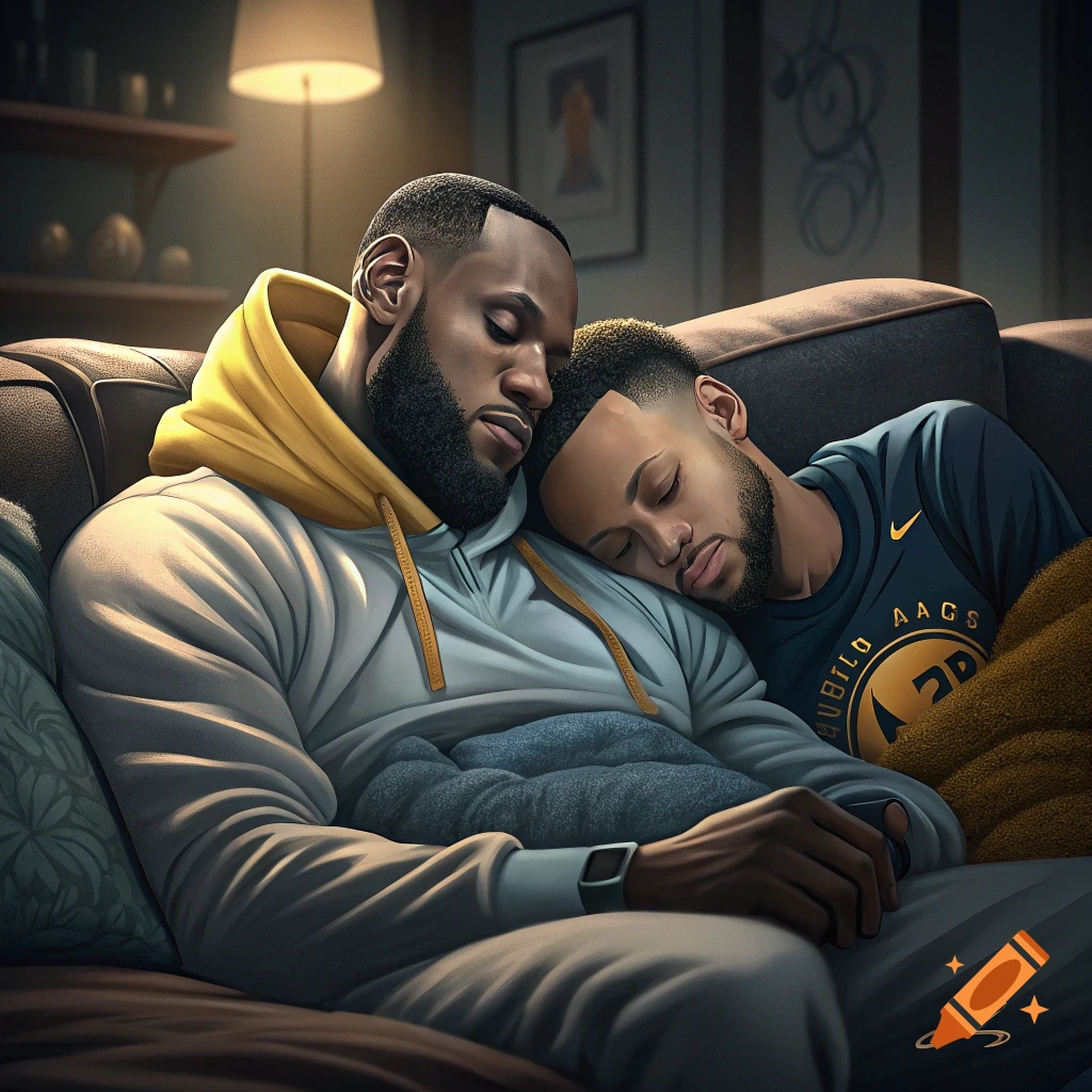 LeBron James and Steph Curry sleeping on a couch in a room. on Craiyon