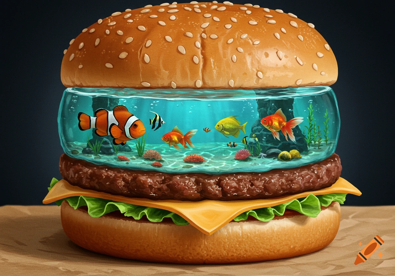 A surreal illustration of a hamburger with a fish tank instead of the ...