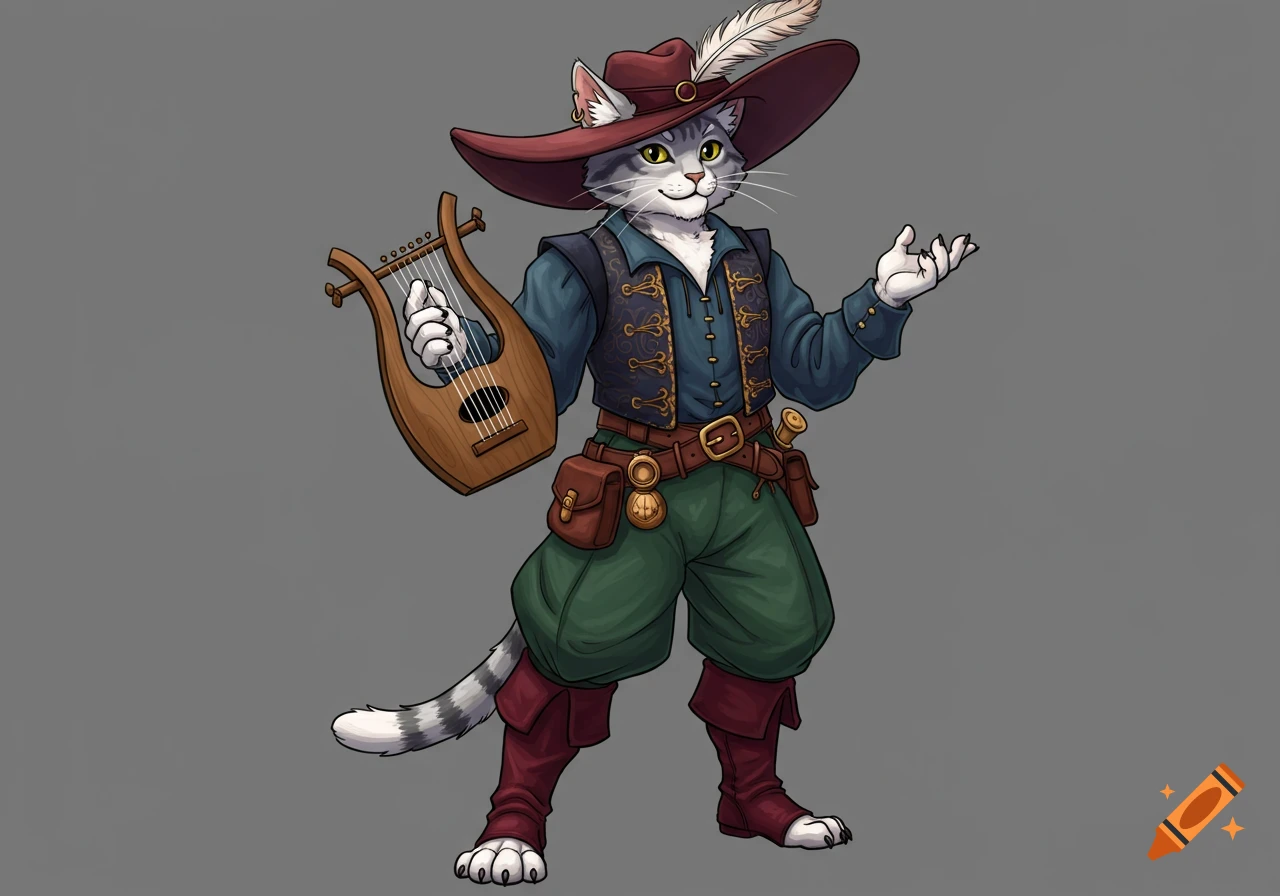 An anthropomorphic cat bard wearing a hat and flamboyant clothes ...