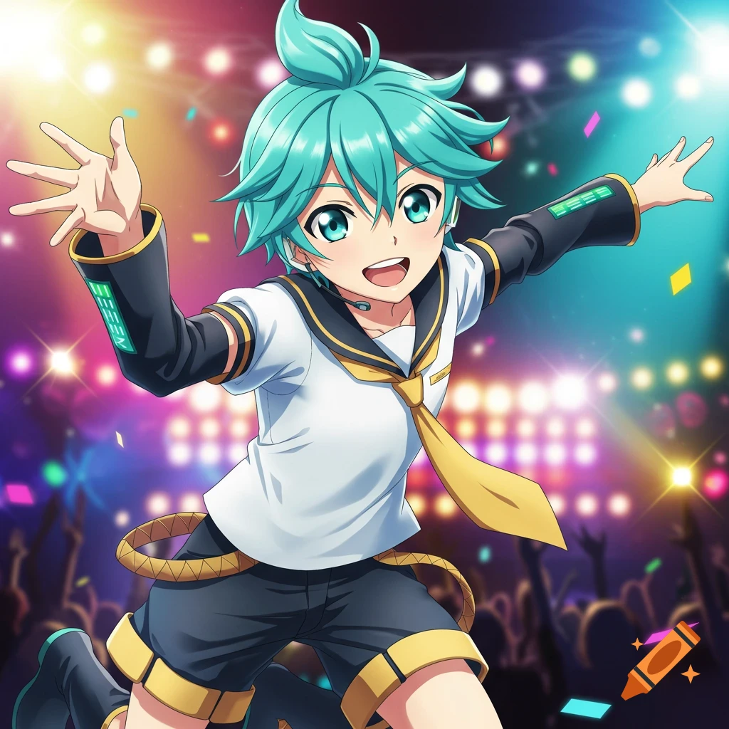 Anime boy with teal hair in a sailor uniform on a concert stage ...