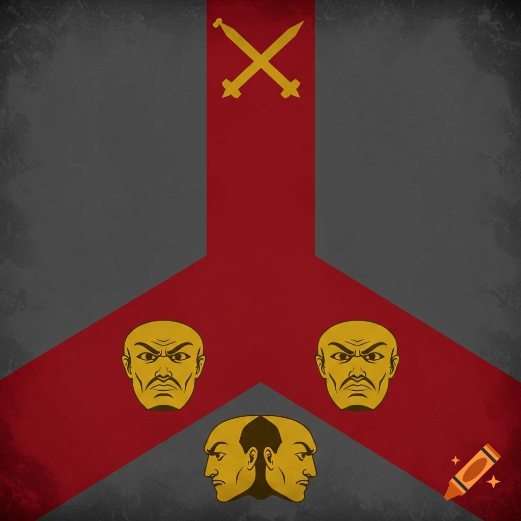 A flag-like symbol with a red shape on a gray background, featuring ...