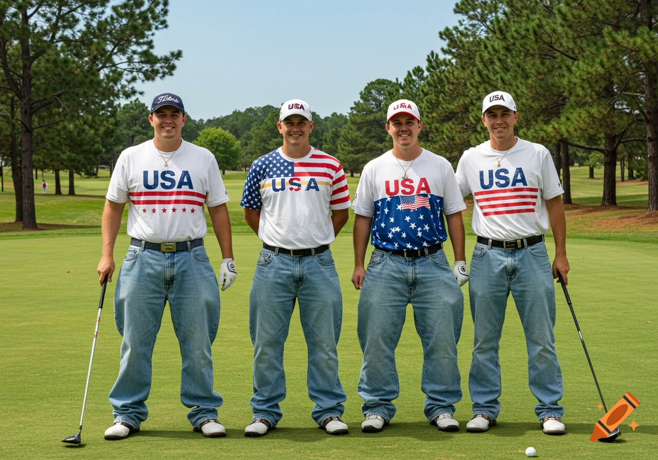 Four men in USA shirts and baggy jeans stand on a golf course holding ...
