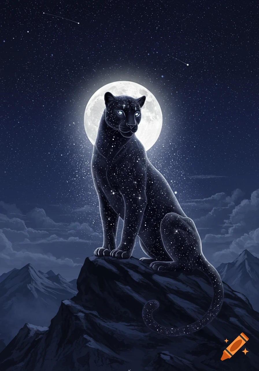 A black panther covered in stars sits on a mountain rock under a full ...
