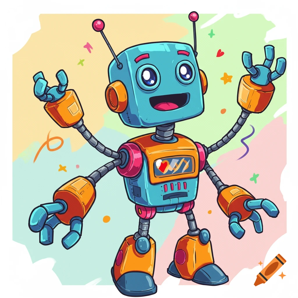 A cheerful cartoon robot with multiple arms and antennas waves ...