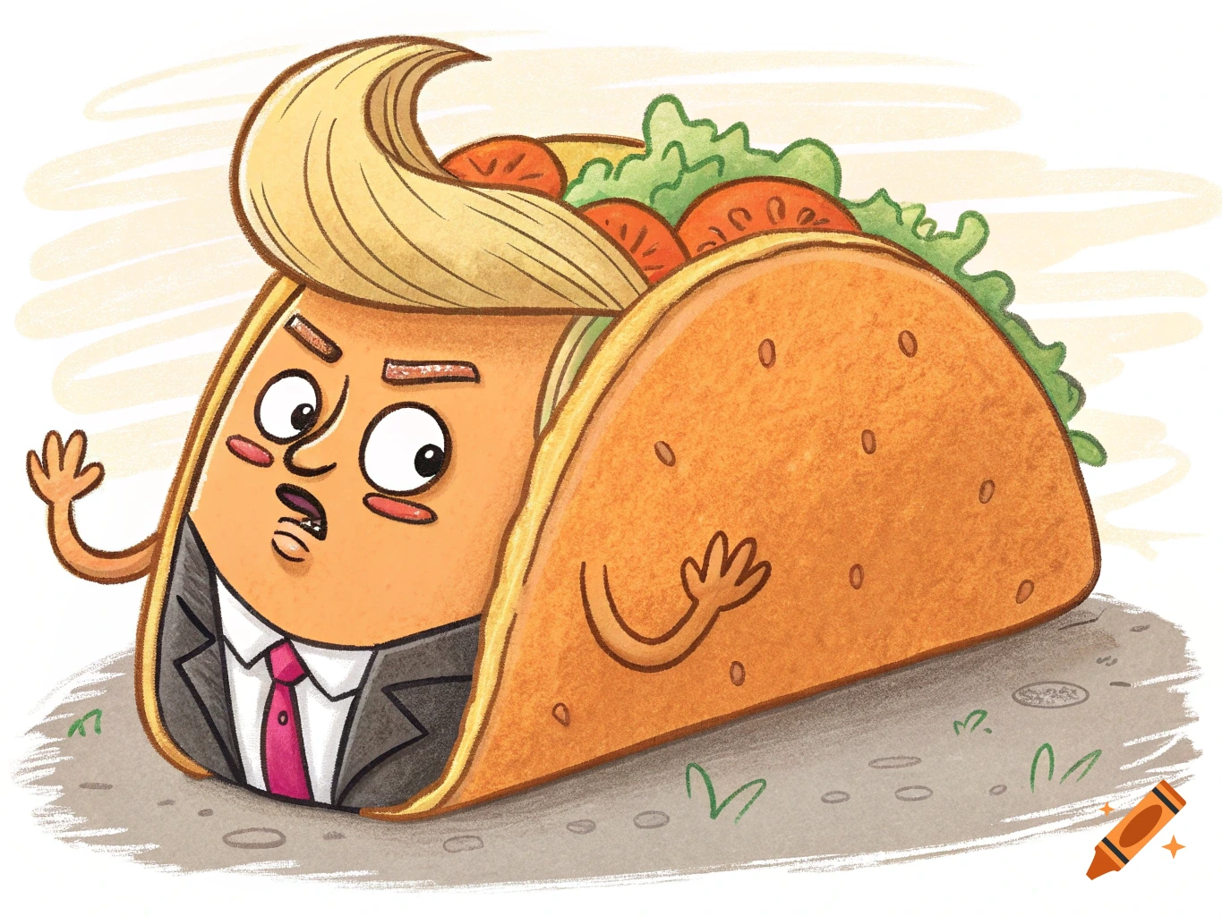 Cartoon illustration of a taco with eyes, mouth, arms, suit, and blonde ...