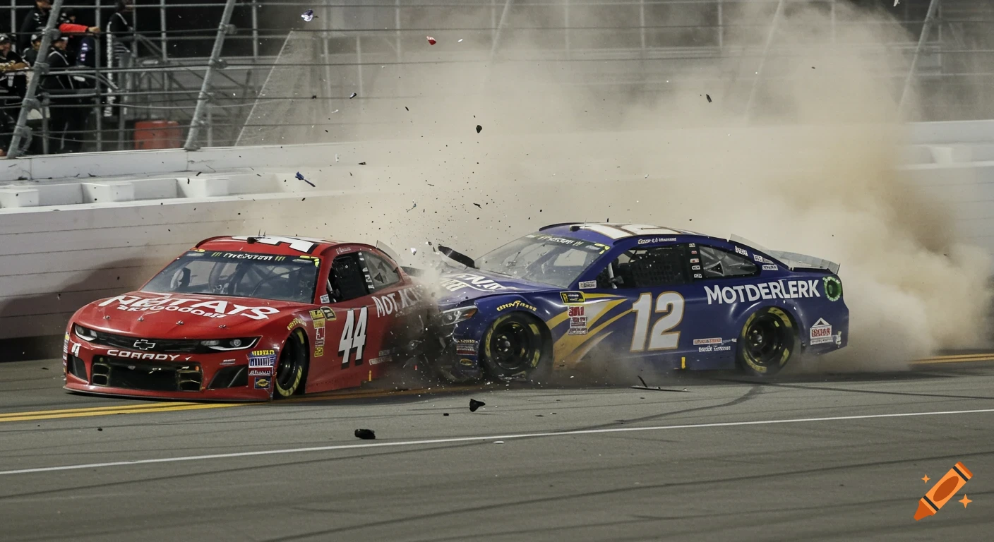Two NASCAR race cars crash in a cloud of smoke and debris on the track ...
