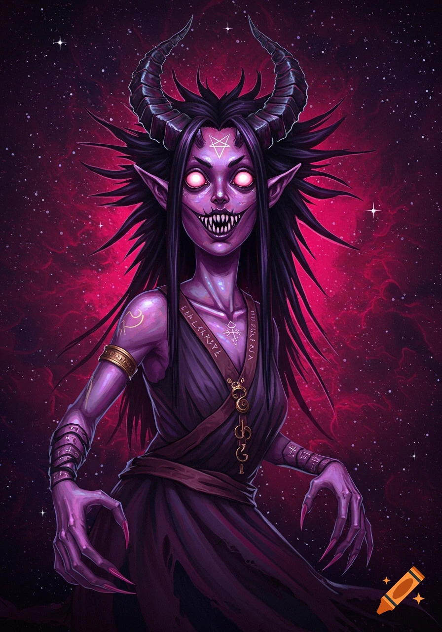 A purple demon with horns, sharp teeth, and glowing eyes stands against ...