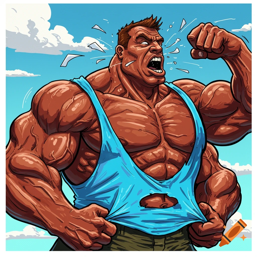 Cartoon illustration of a muscular man ripping his blue tank top with a ...
