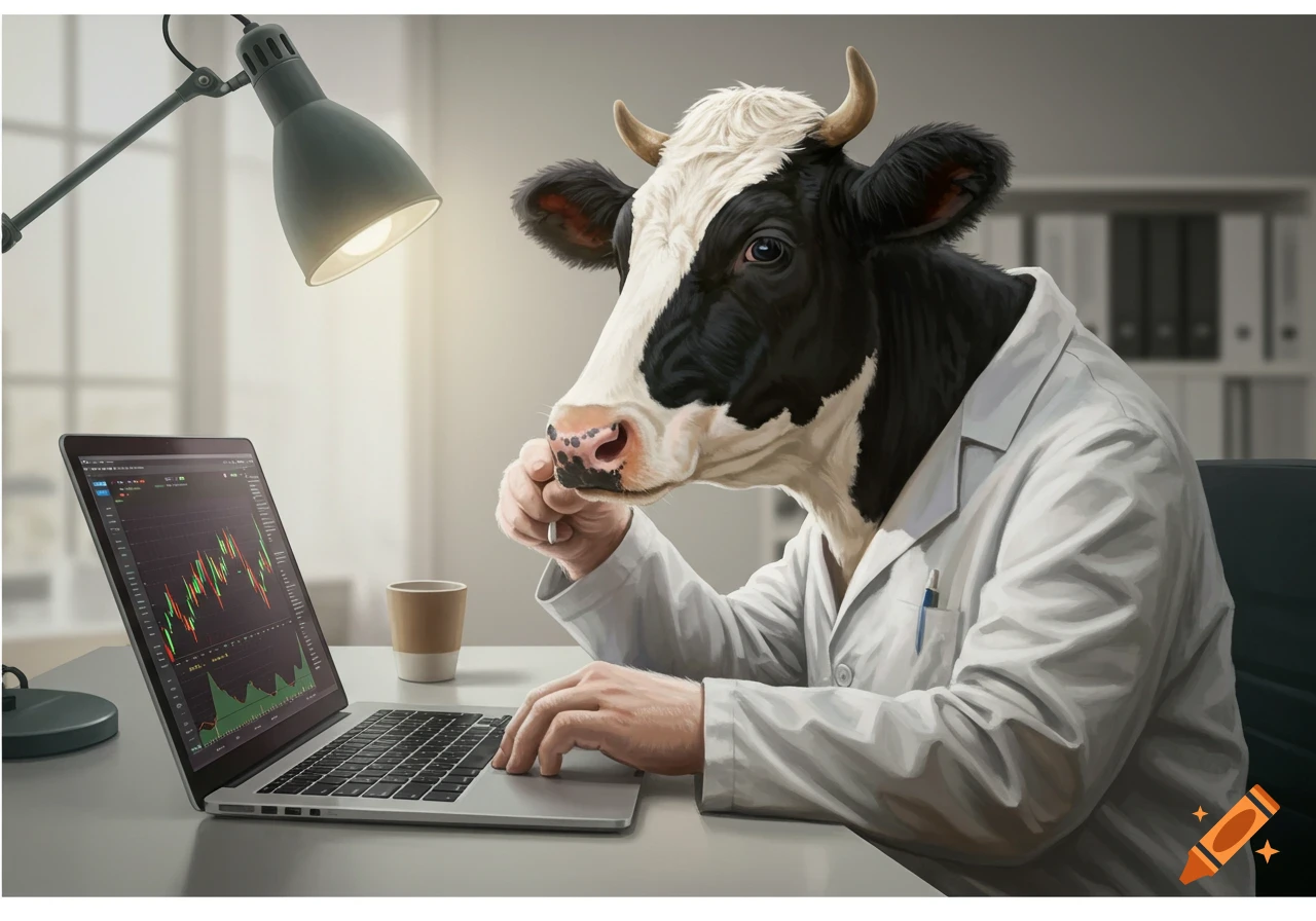 Photorealistic image of a cow in a lab coat analyzing stock charts on a ...