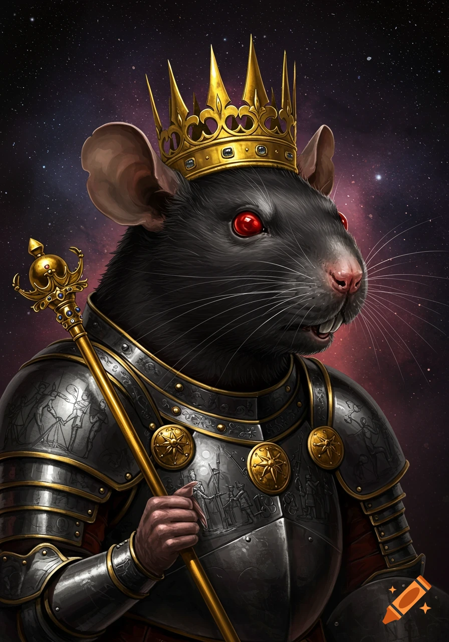 A black rat wearing detailed armor, a golden crown, and holding a ...