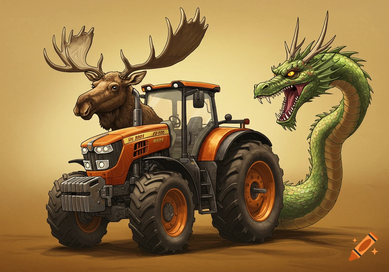 Cartoon illustration of a moose-headed tractor with a dragon body ...