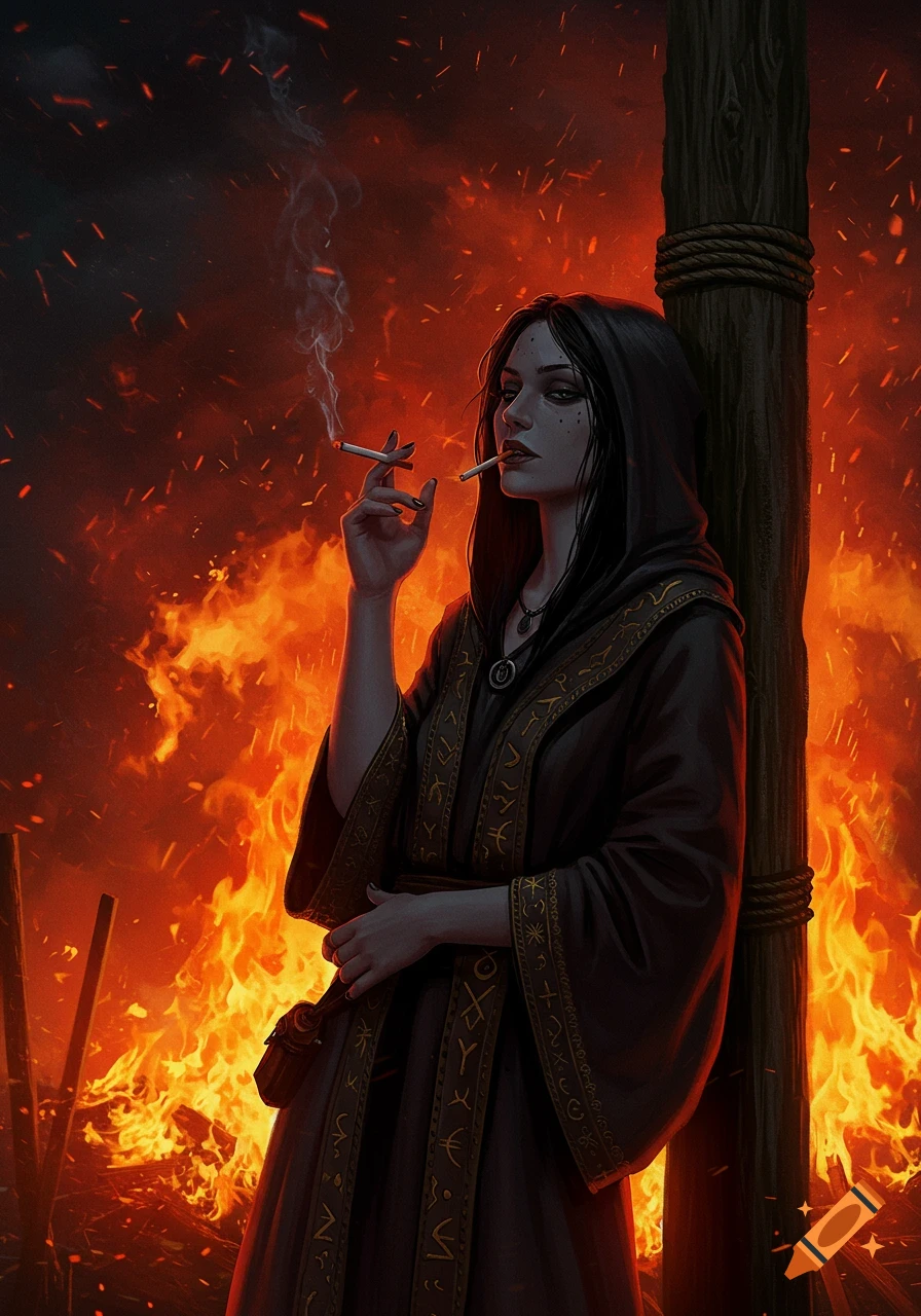 A witch casually lights a cigarette with flames from a burning stake in ...