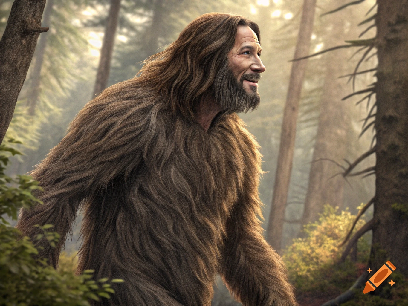 A furry Bigfoot with the face of Keanu Reeves stands in a sunlit forest ...