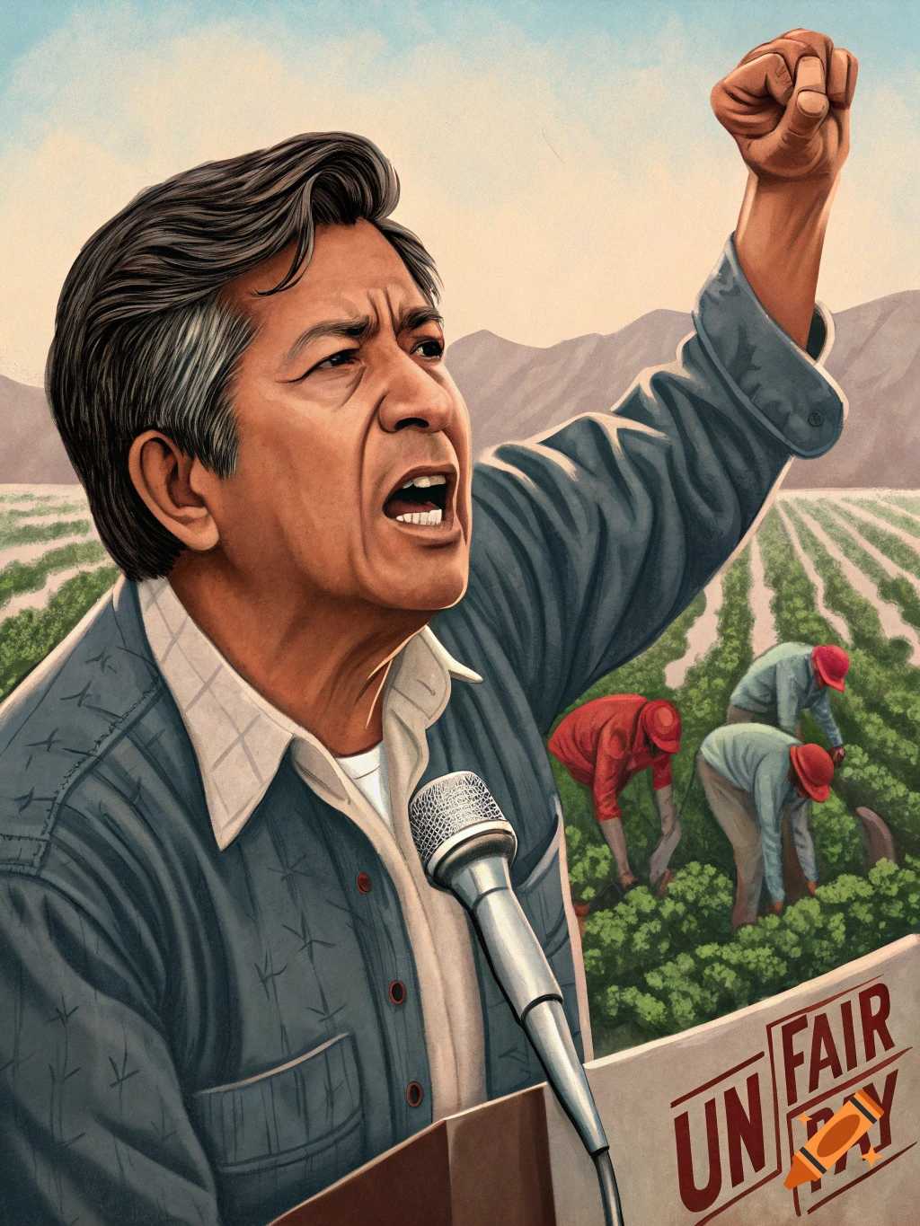Illustration of Cesar Chavez speaking at a rally, raising a fist, with ...