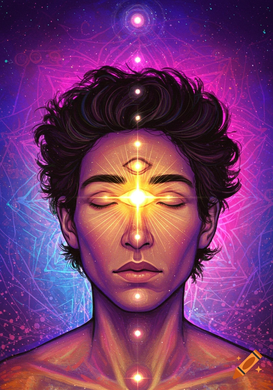 Vibrant portrait of a person with closed eyes and glowing third eye ...