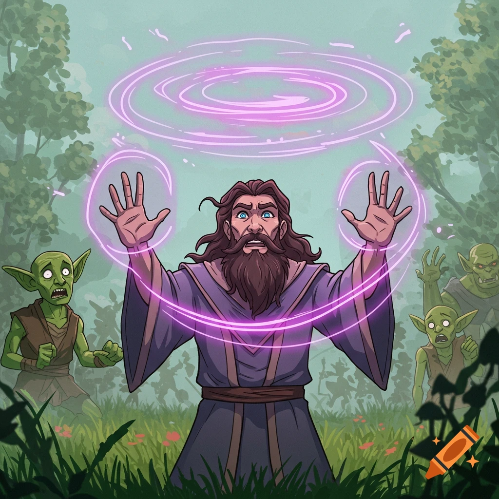 An animated illustration of a wizard casting a purple spell on ...