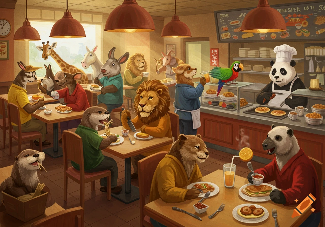 Cartoon illustration of various animals eating and working in a busy ...