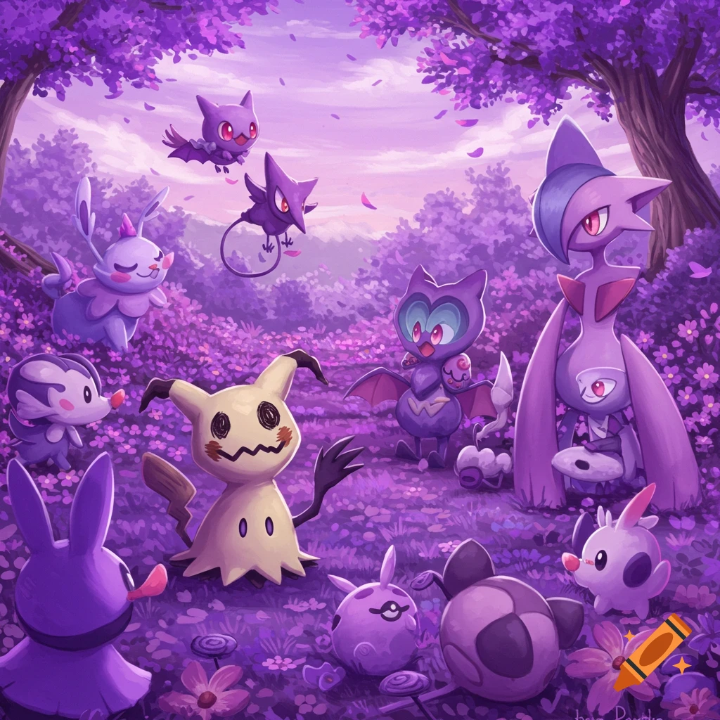 Purple Pokemon characters gather in a fantasy forest scene with purple ...