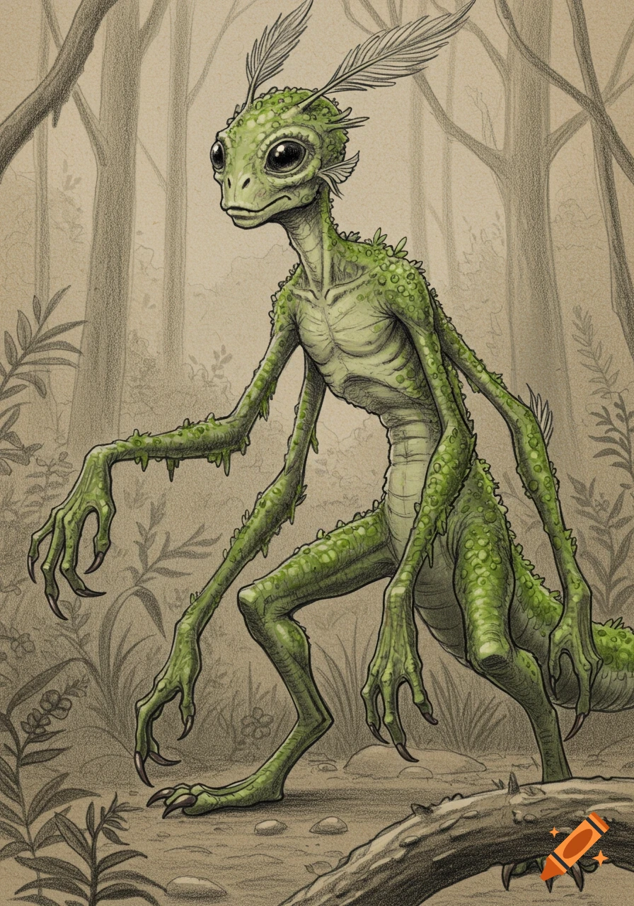 Pencil sketch of a green alien creature with long limbs in a forest. on ...