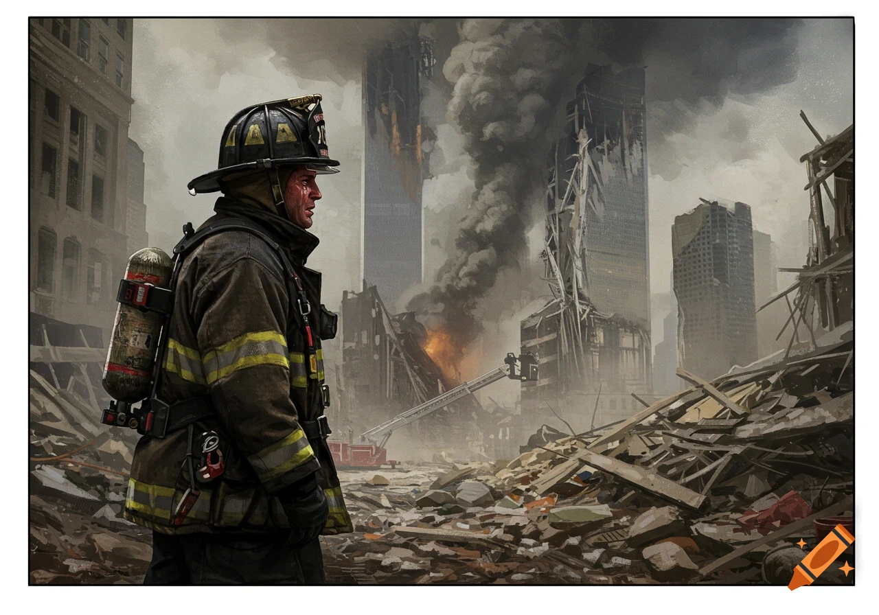 Firefighter standing in a destroyed city with smoking buildings on Craiyon