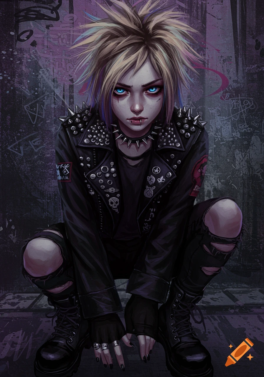 A crouching person in punk/goth fashion with spiked hair, leather ...