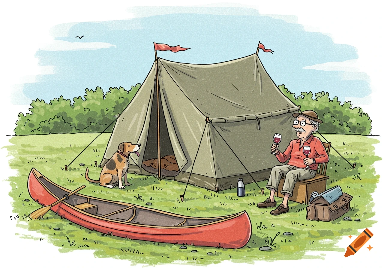 Illustration of a man and dog camping with a tent and canoe. on Craiyon