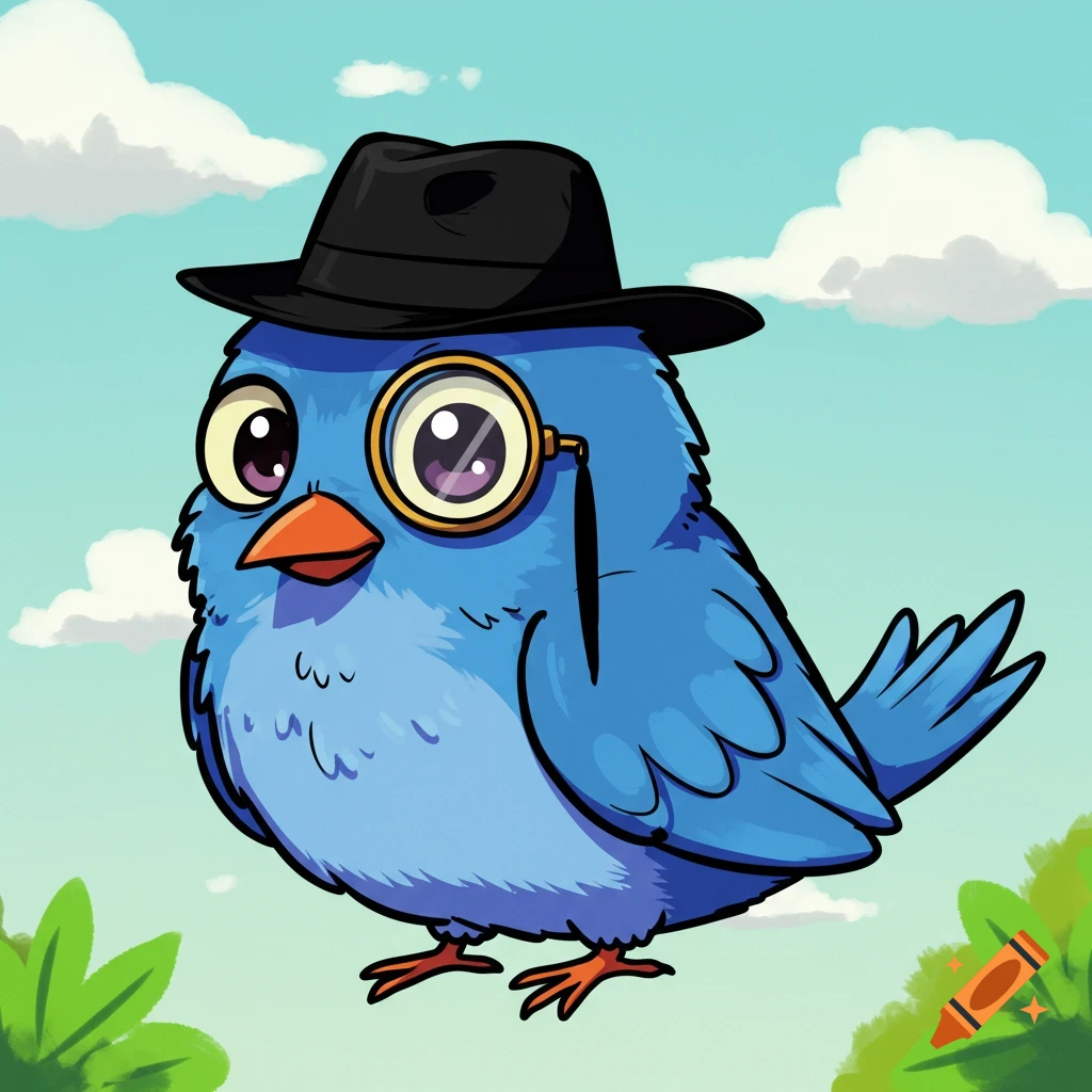 A cartoon blue bird wears a black hat and a monocle. on Craiyon