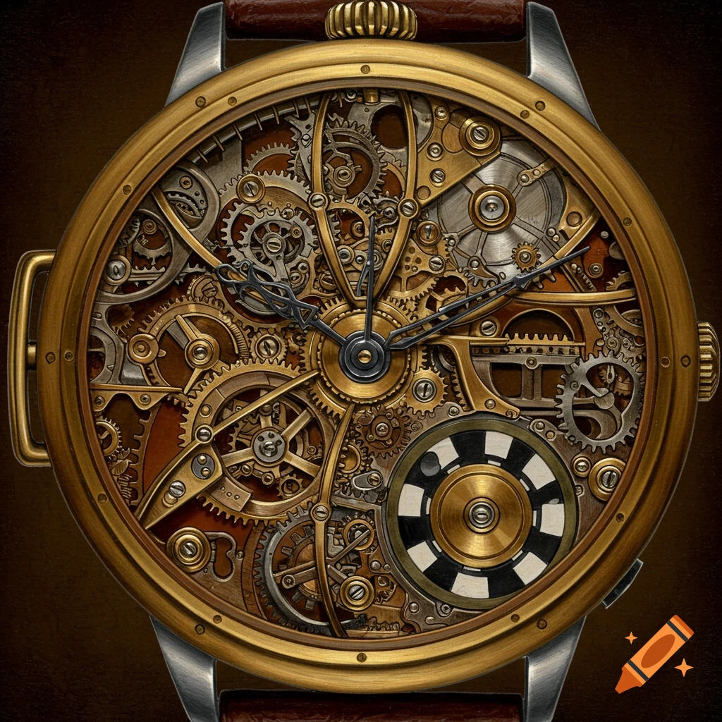 Close-up of a steampunk watch face with intricate gears and a poker chip. on Craiyon